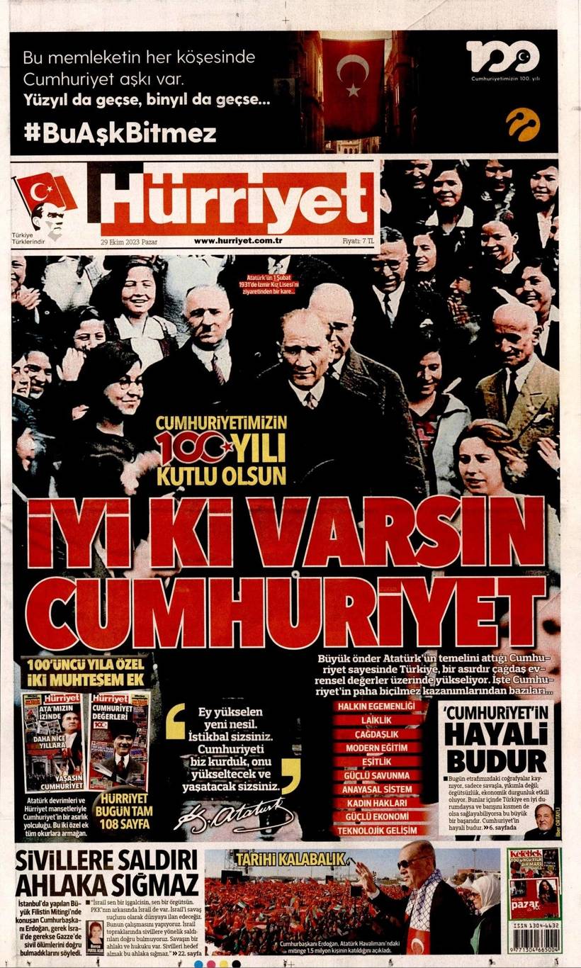 Cumhuriyet'in 100. yılında gazete manşetleri