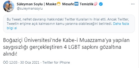 Soylu'nun paylaşımına Twitter'dan 'nefret içerikli' uyarısı geldi