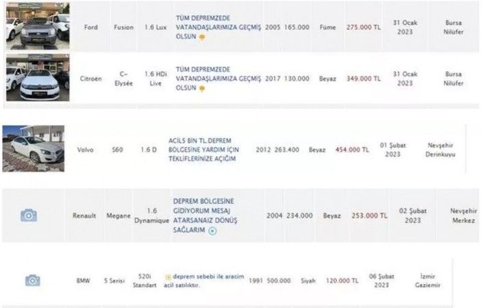 Depremden sonra Sahibinden.com’daki ikinci el araba ilanları şaşırttı!