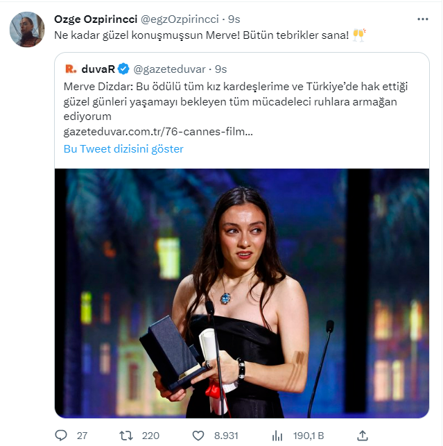 Cannesın En Iyi Kadın Oyuncusu Merve Dizdara Tebrik Yağdı